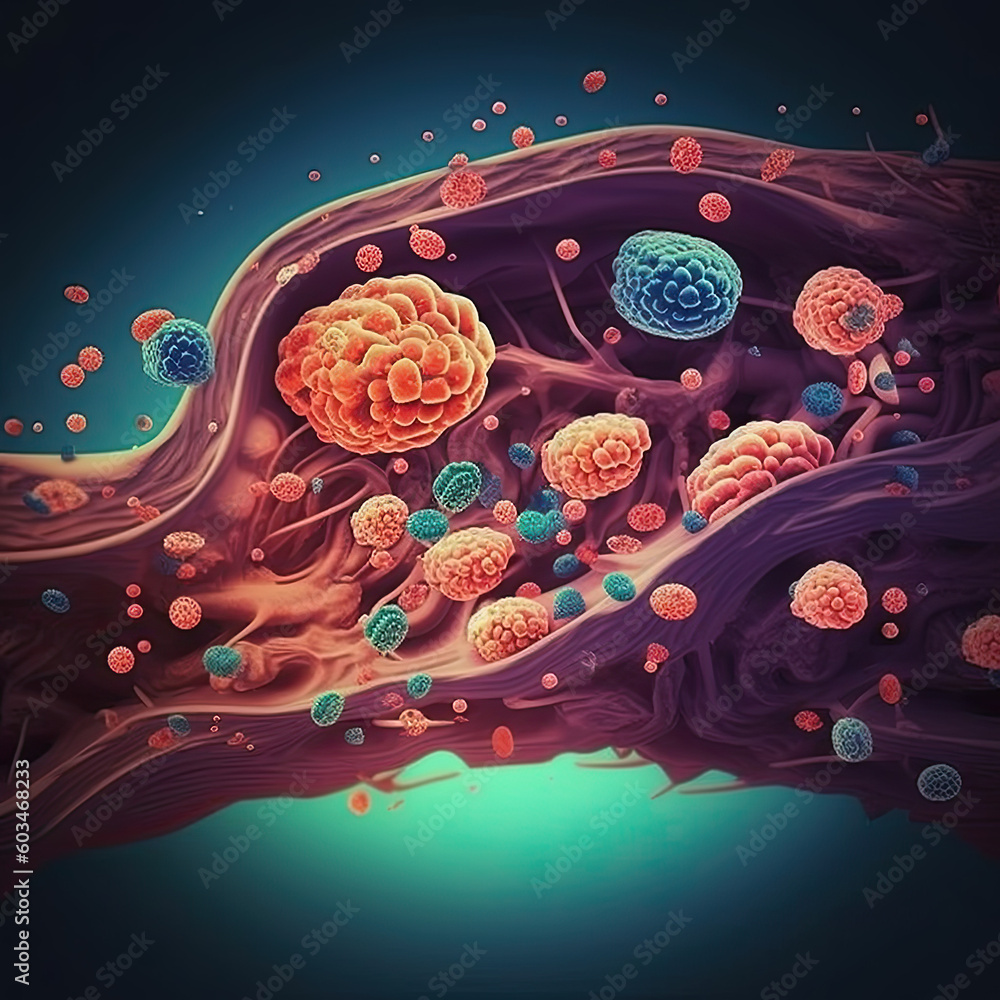 The bowel cancer visible in cross-section. cancer cells depicted. The ...