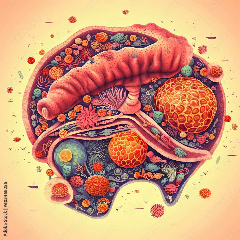 The bowel cancer visible in cross-section. cancer cells depicted. The ...
