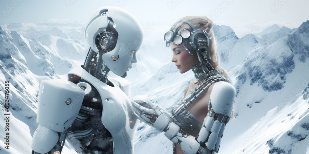 Humanoid woman and robot couple. Beautiful futuristic humanoid android ...