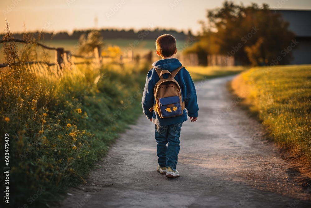 Little boy walking back to school from behind. Generative AI Stock ...