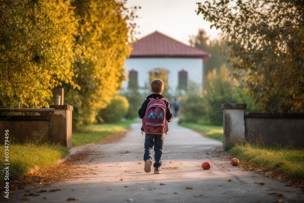 Little boy walking back to school from behind. Generative AI Stock ...