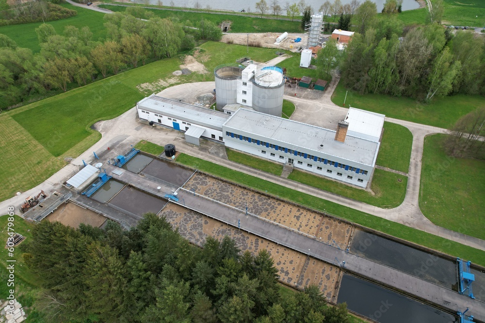 Aerial view of sewage treatment plant, filtration of polluted or waste ...