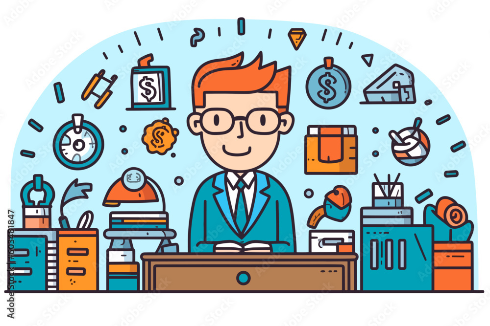 Doodle inspired Financial manager at bank, cartoon sticker, sketch ...