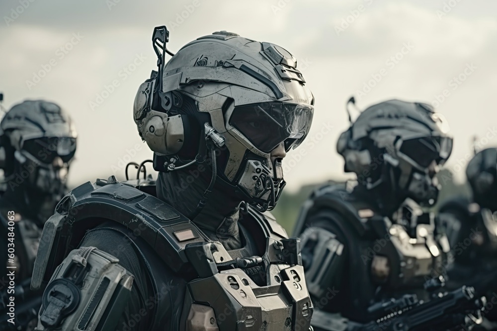 Many futuristic military cyborgs outdoors on field. Wars of the future ...
