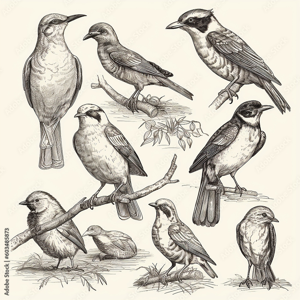 Different types species of birds together on white background, black ...