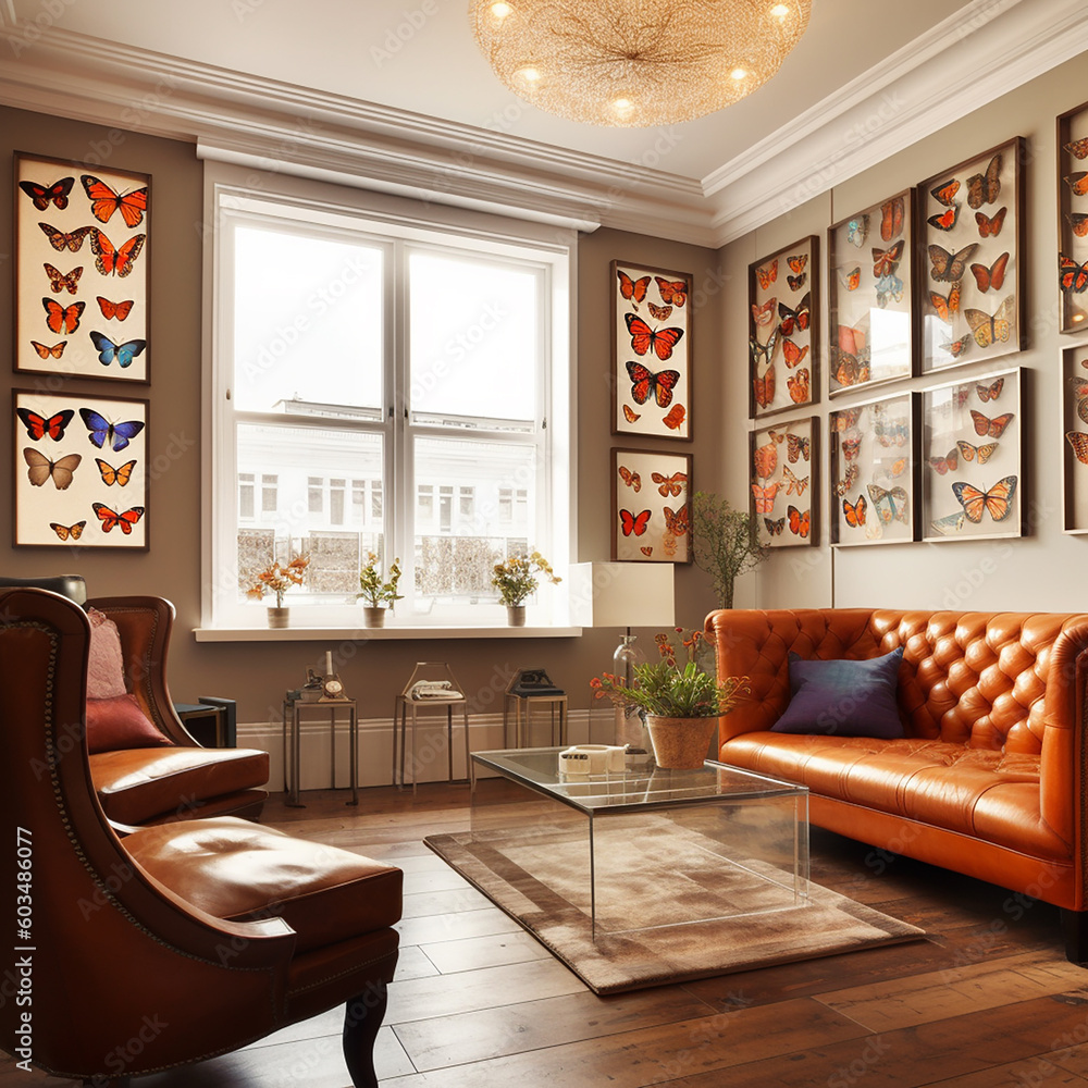 Unusual interior, a room with a collection of butterflies on the walls ...
