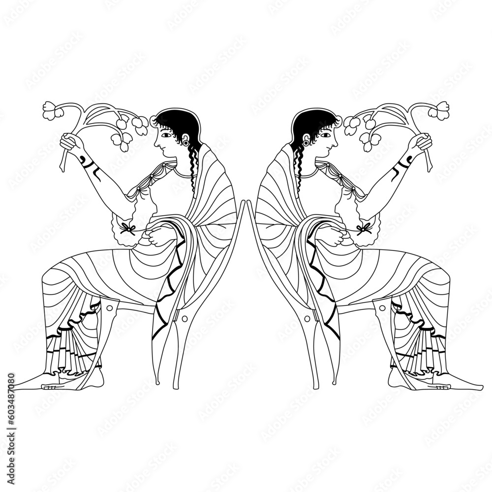 Symmetrical ethnic design with two ancient Greek women sitting in ...