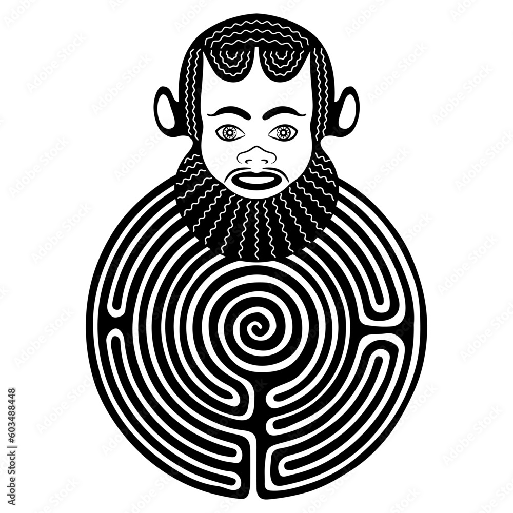 Head of ancient Greek satyr on a round spiral maze or labyrinth symbol ...
