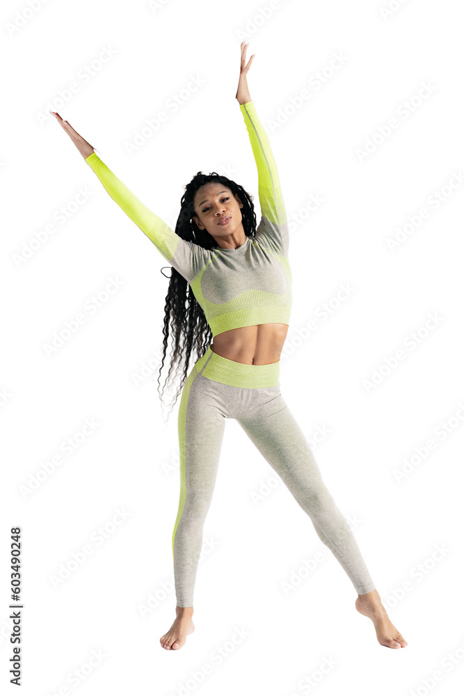 Full height slim figure trainer confident woman in fitness suit ...