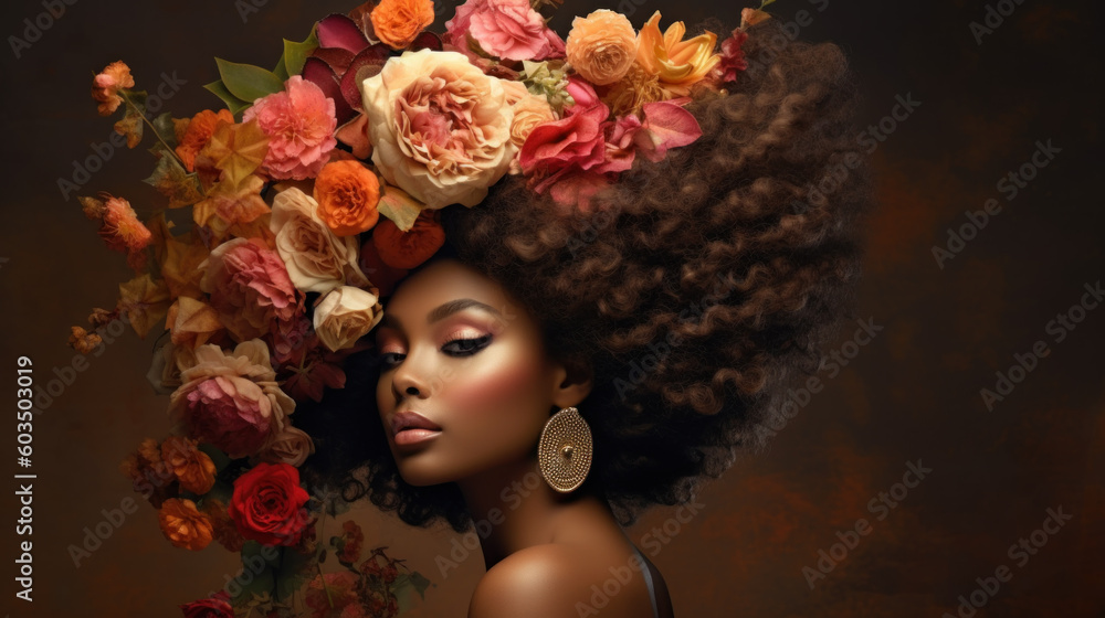 Beautiful black woman among flowers and with a hairstyle of flowers ...