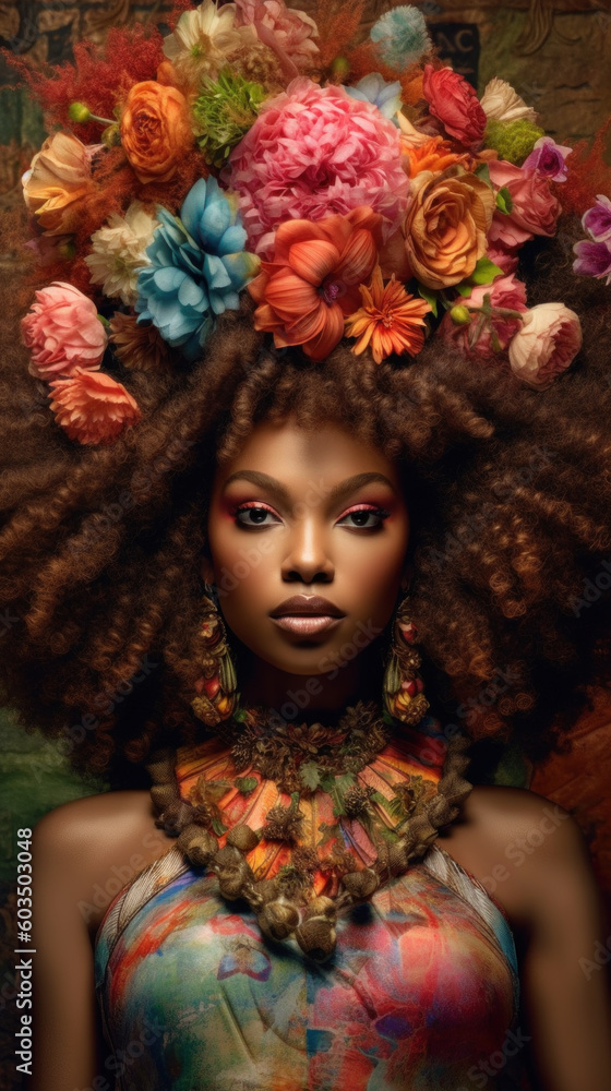 Beautiful black woman among flowers and with a hairstyle of flowers ...