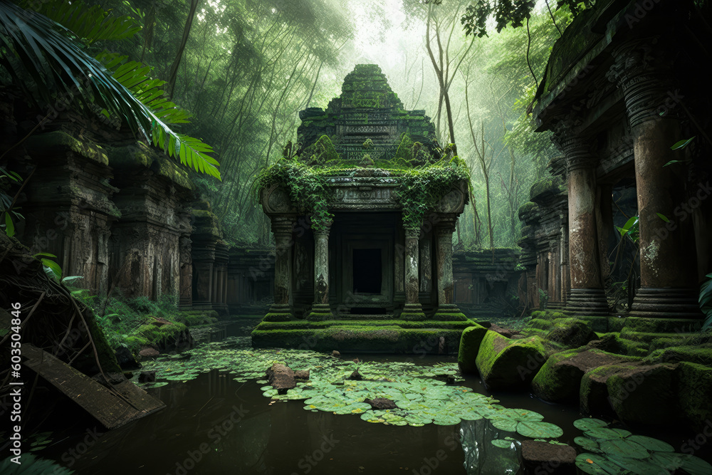 Captivating ancient temple amidst lush jungle, adorned with mythical ...
