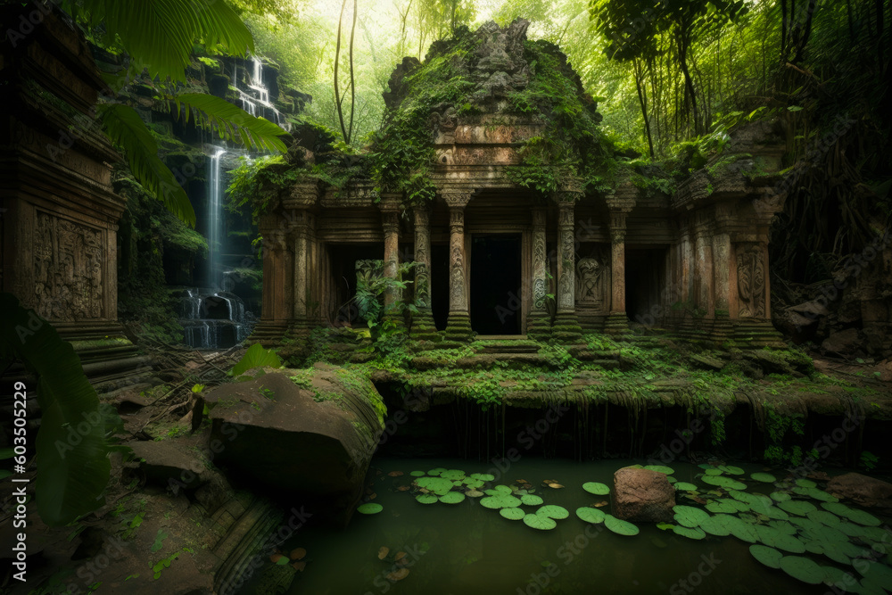 Captivating ancient temple nestled in lush jungle with vine-covered ...