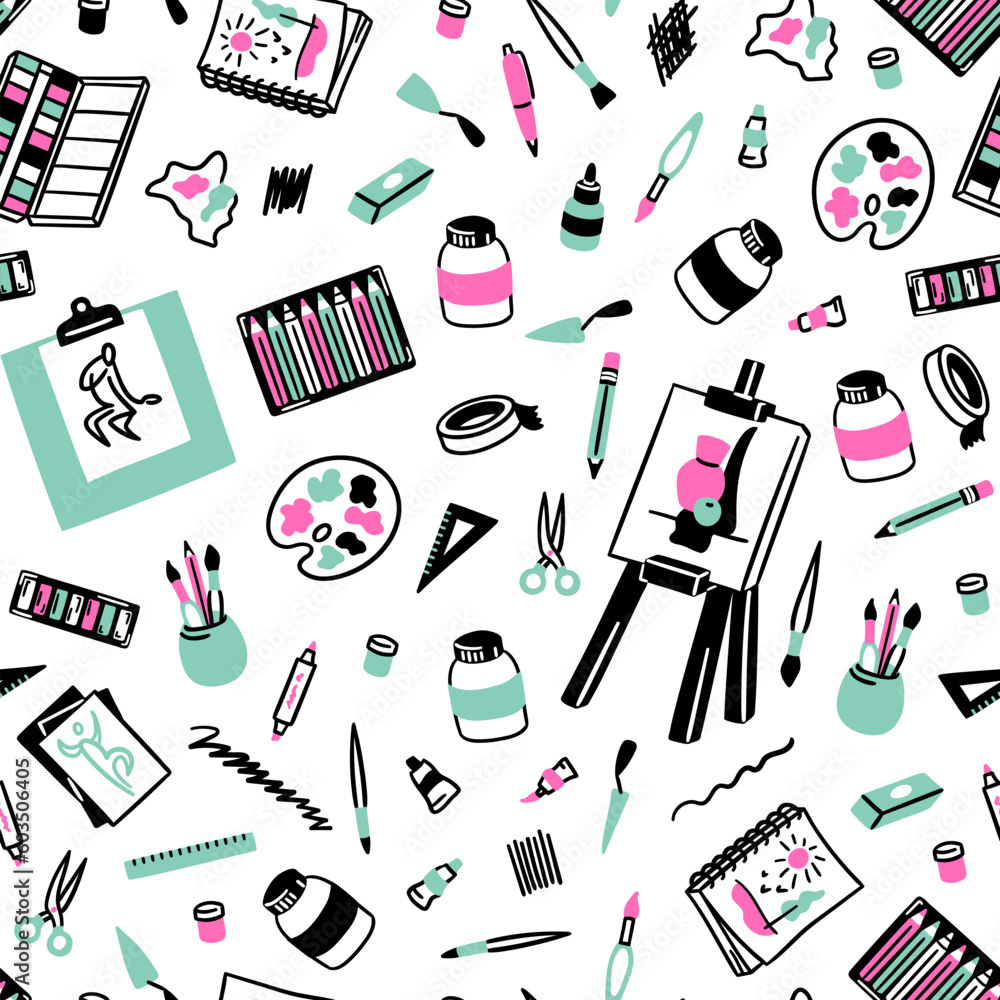 Vector hand drawn artist supplies doodles pattern. Easel, sketchpad ...