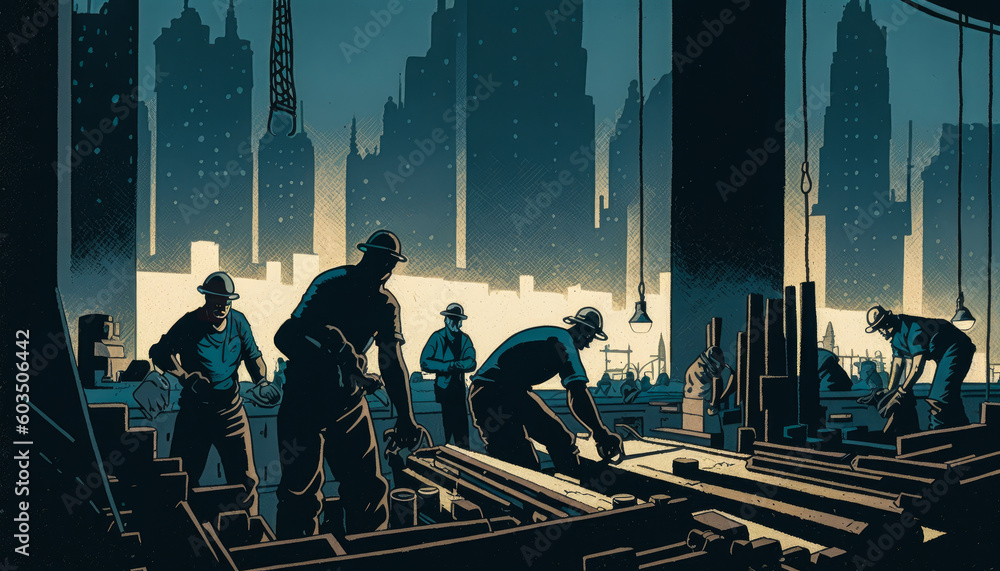Captivating night construction scene depicting illuminated workers ...