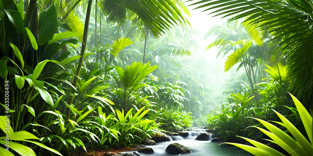 Beautiful wallpaper with a tropical landscape. Jungle with river, palms ...