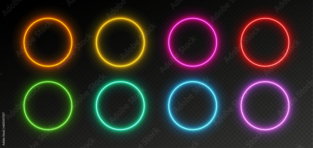 Neon circle frames, glowing round borders set, vibrant glowing rings ...