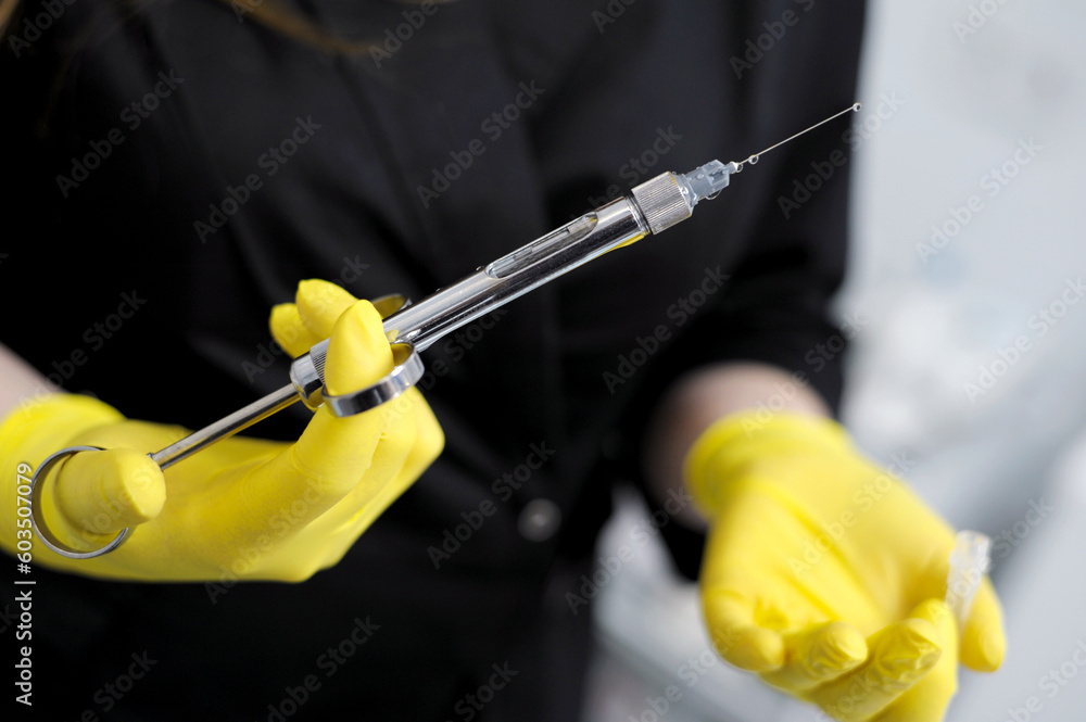 Doctor, girl, syringe injection Young girl woman with syringe in hand ...