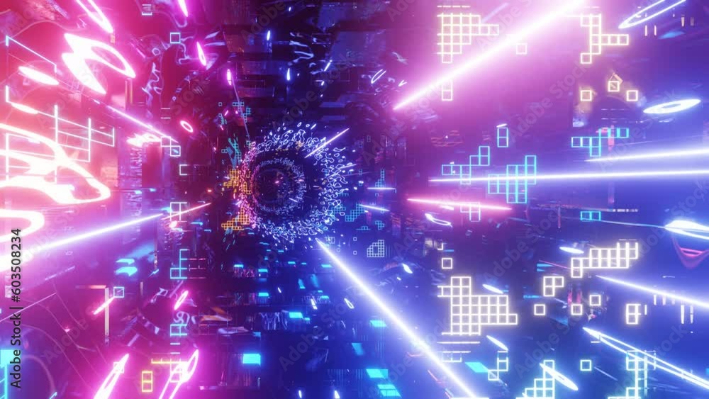 Vídeo do Stock: 80's neon light style flight. Hi-tech neon sci-fi tunel ...