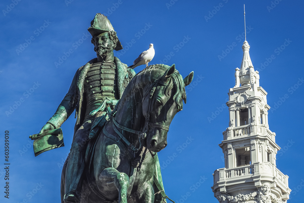 Poster Statue of King Peter IV The Liberator on Liberty Square in Porto ...