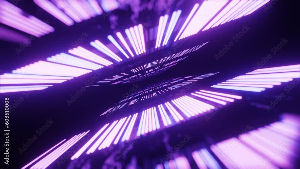 4k seamless looped animation. Fly through mirror tunnel with neon pattern, glow lines form sci ...