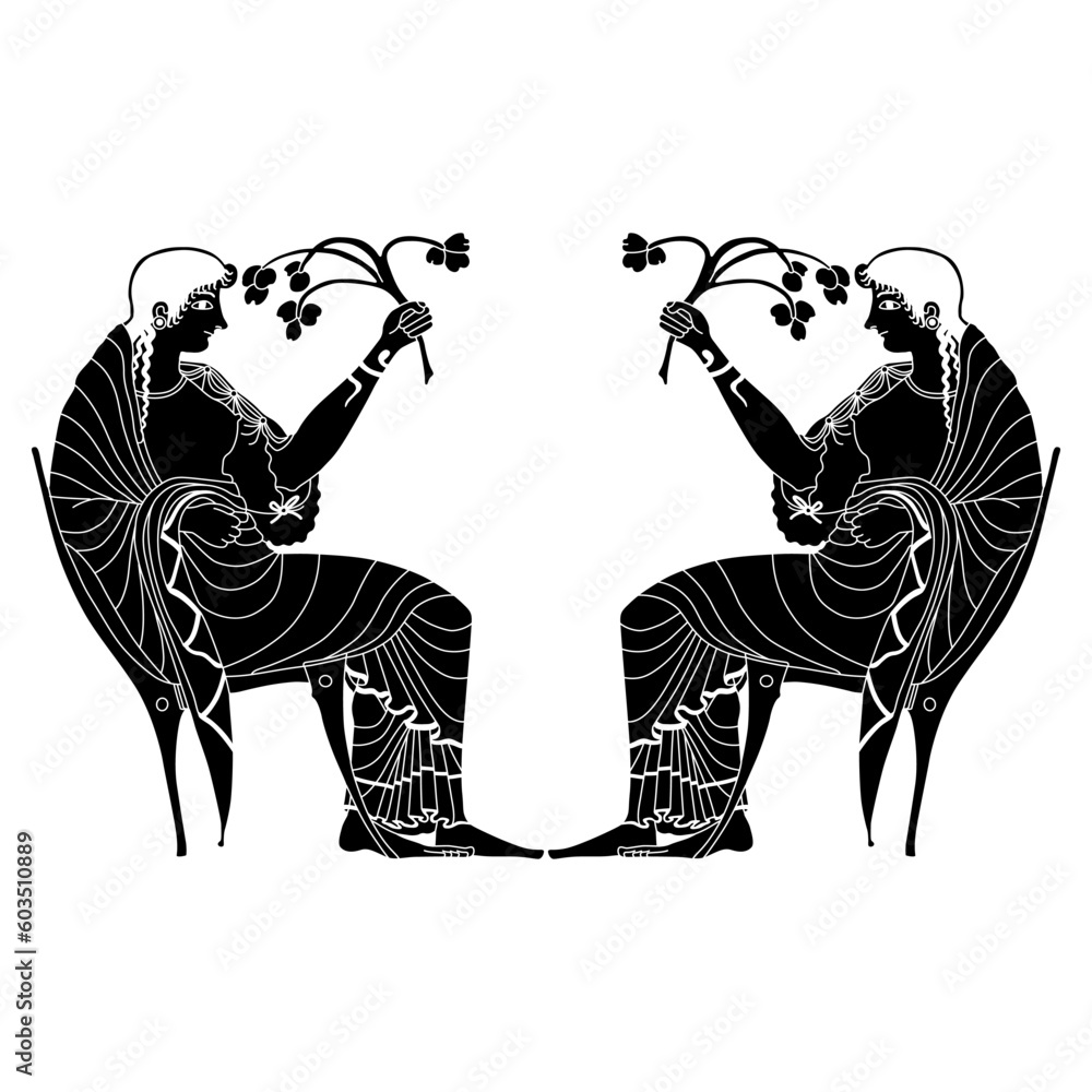 Symmetrical ethnic design with two ancient Greek women sitting in ...