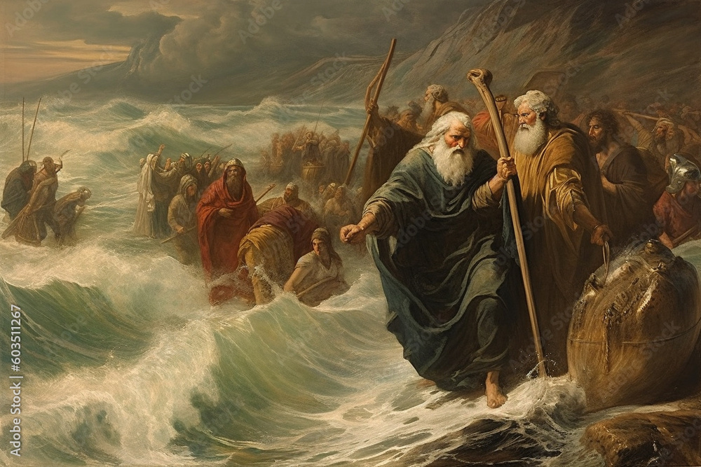 Biblical Moses illustration readying to part the sea. Ai generated ...