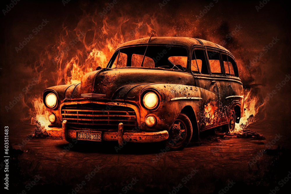 Hot rod classic car on fire concept idea. Ai generated Stock ...