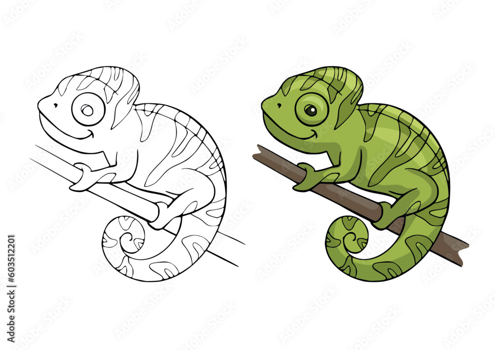 Coloring page with a cartoon cute chameleon. Line drawing with an ...