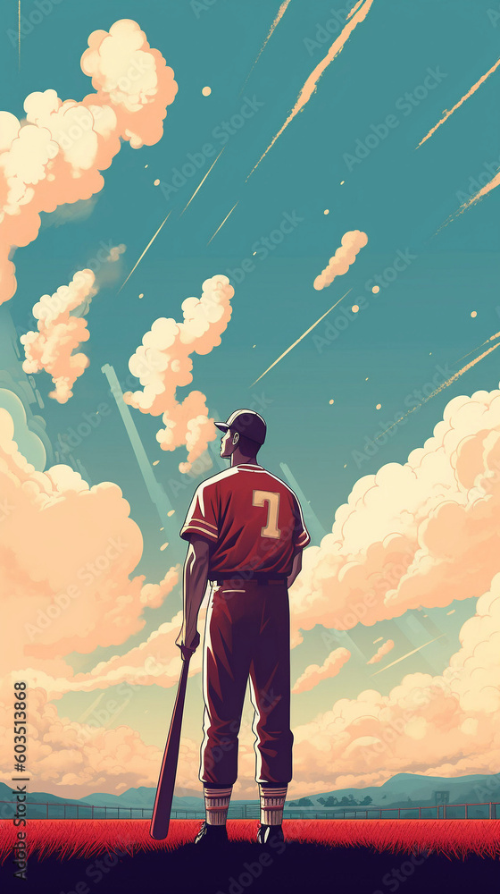 Baseball Player Looking Up into the Heavens Clouds Sky Landscape ...