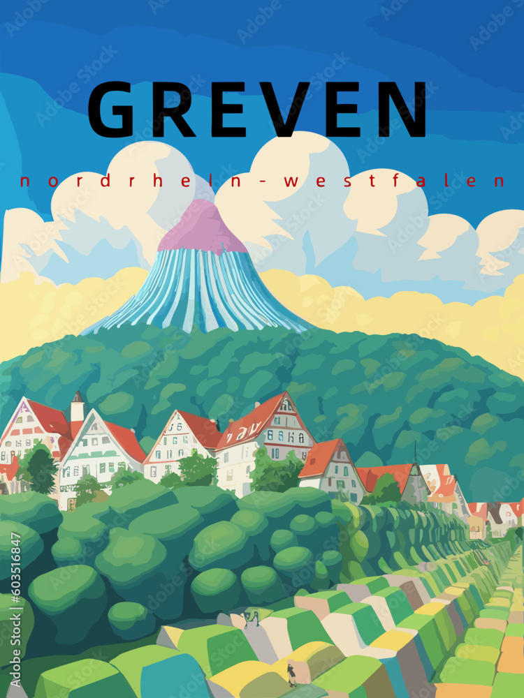 Greven: Retro tourism poster with an German landscape and the headline ...