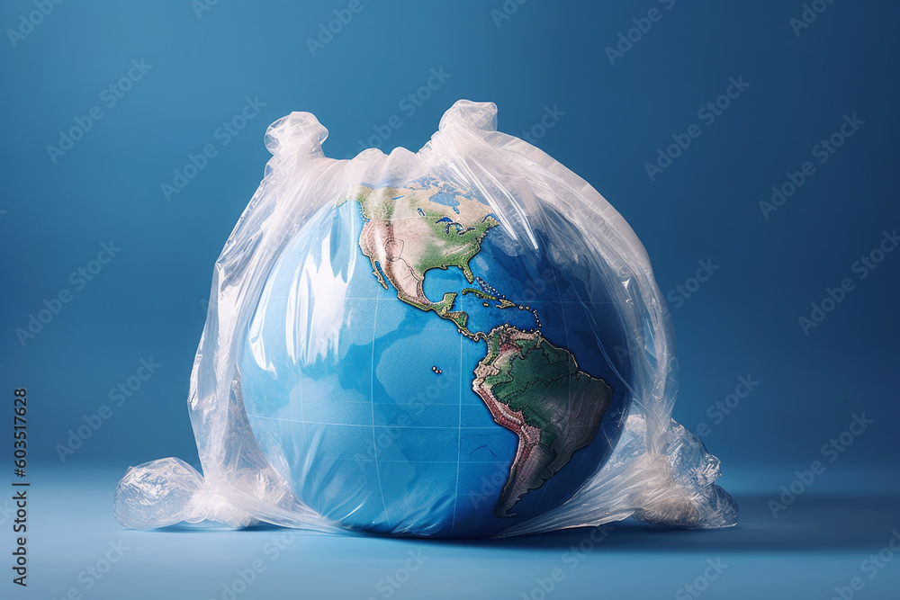 Environmental concept of global plastic pollution illustrated a globe ...