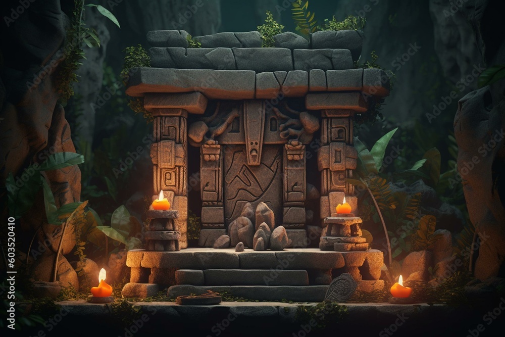 A cartoon illustration of an old stone jungle altar with fire on ...