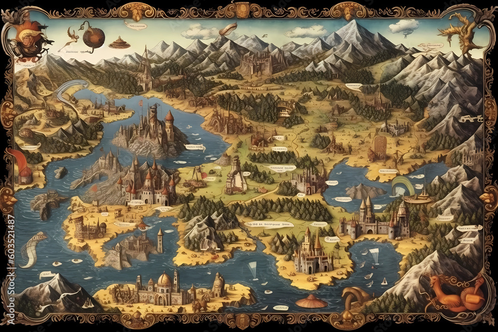An antique map of a fantasy world, complete with mythical creatures and ...