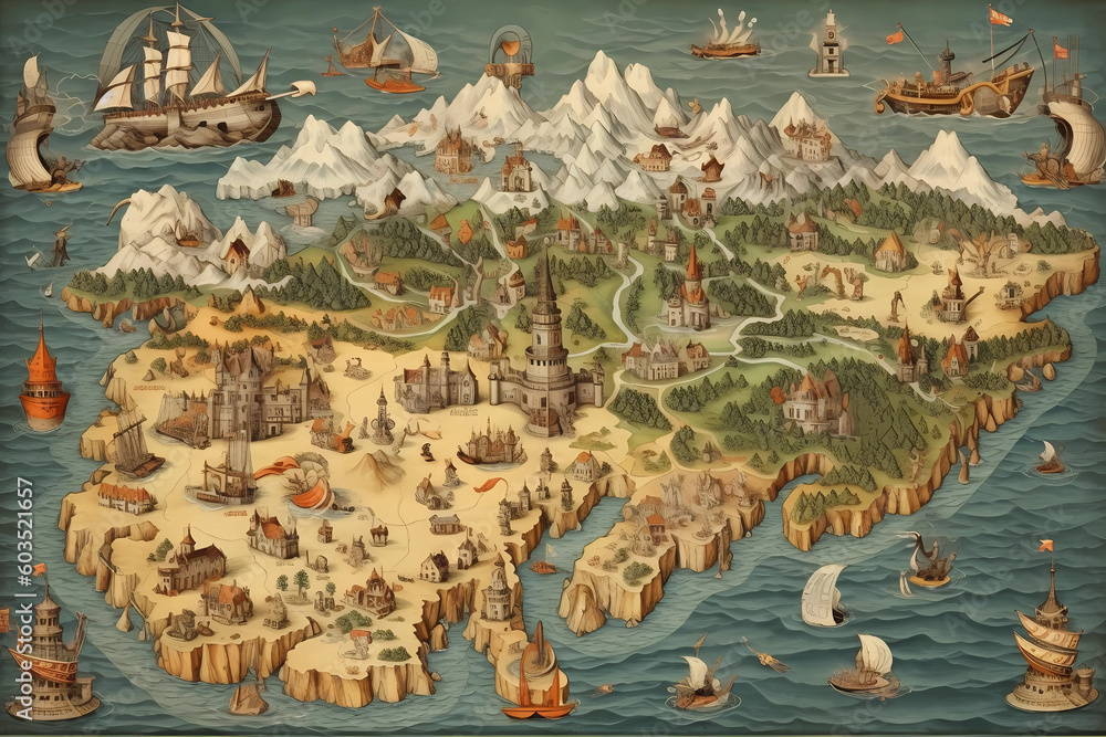 An antique map of a fantasy world, complete with mythical creatures and ...
