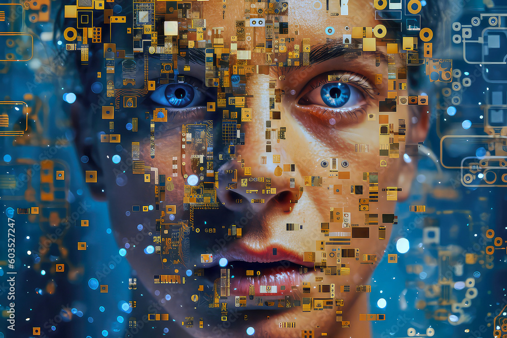 Universal image of a man disintegrating into particles, cybersecurity ...