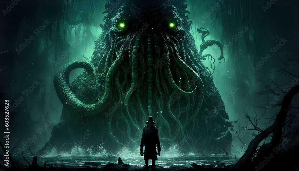 Person standing in front of cthulhu tentacle monster in the style of ...