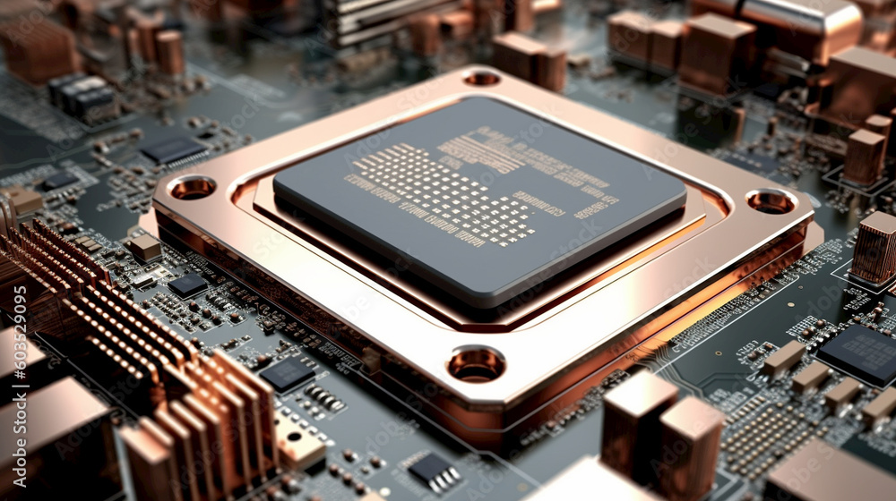 CPU processor installed in a motherboard, shiny metal computing ...