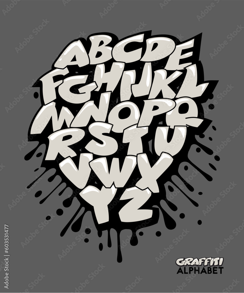 Graffiti alphabet. Comic style hand drawn lettering. Street art design ...