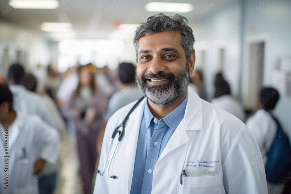 Environmental portrait photography of a grinning doctor in his 40s ...