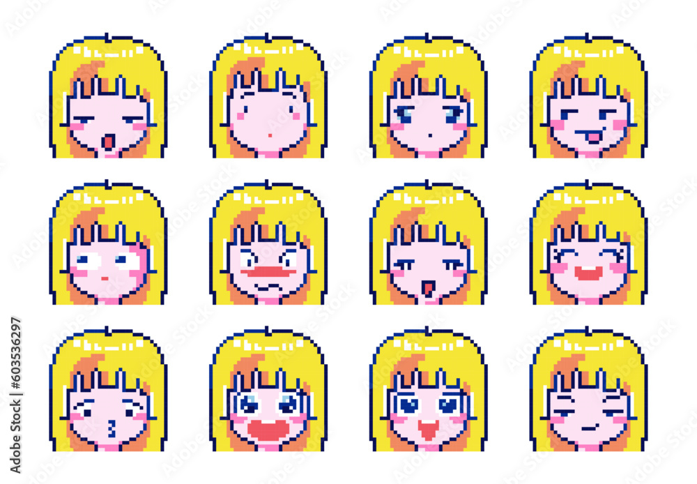 Cute Pixel Art Emote Icons. Expressive 8bit Blonde Girl Emoji ...