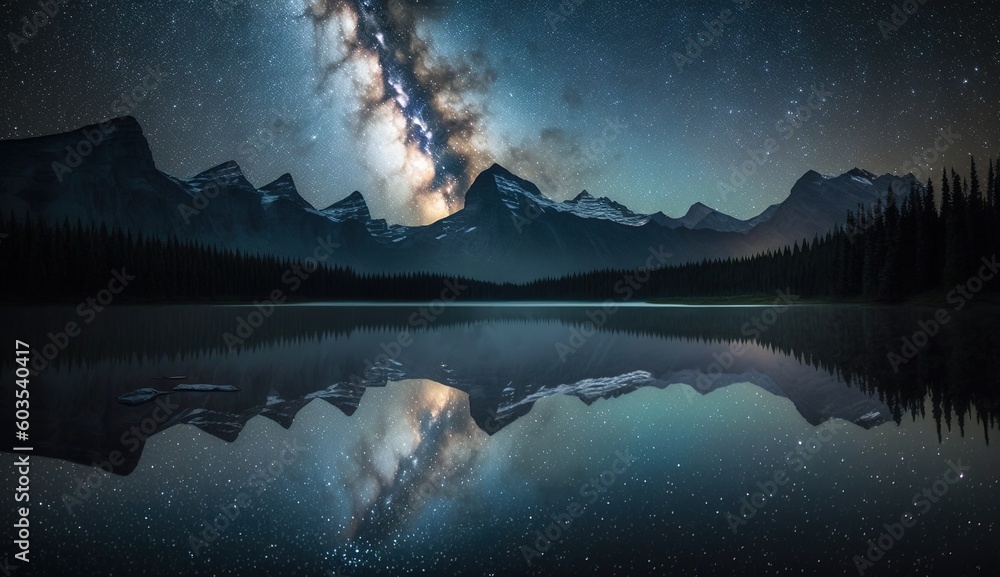 Maligne Lake in Jasper National Park at night, with the Milky Way and ...