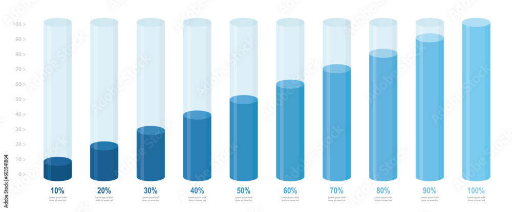 Round slim chart bars template-blue gradient, clear 10%-100% infograph ...