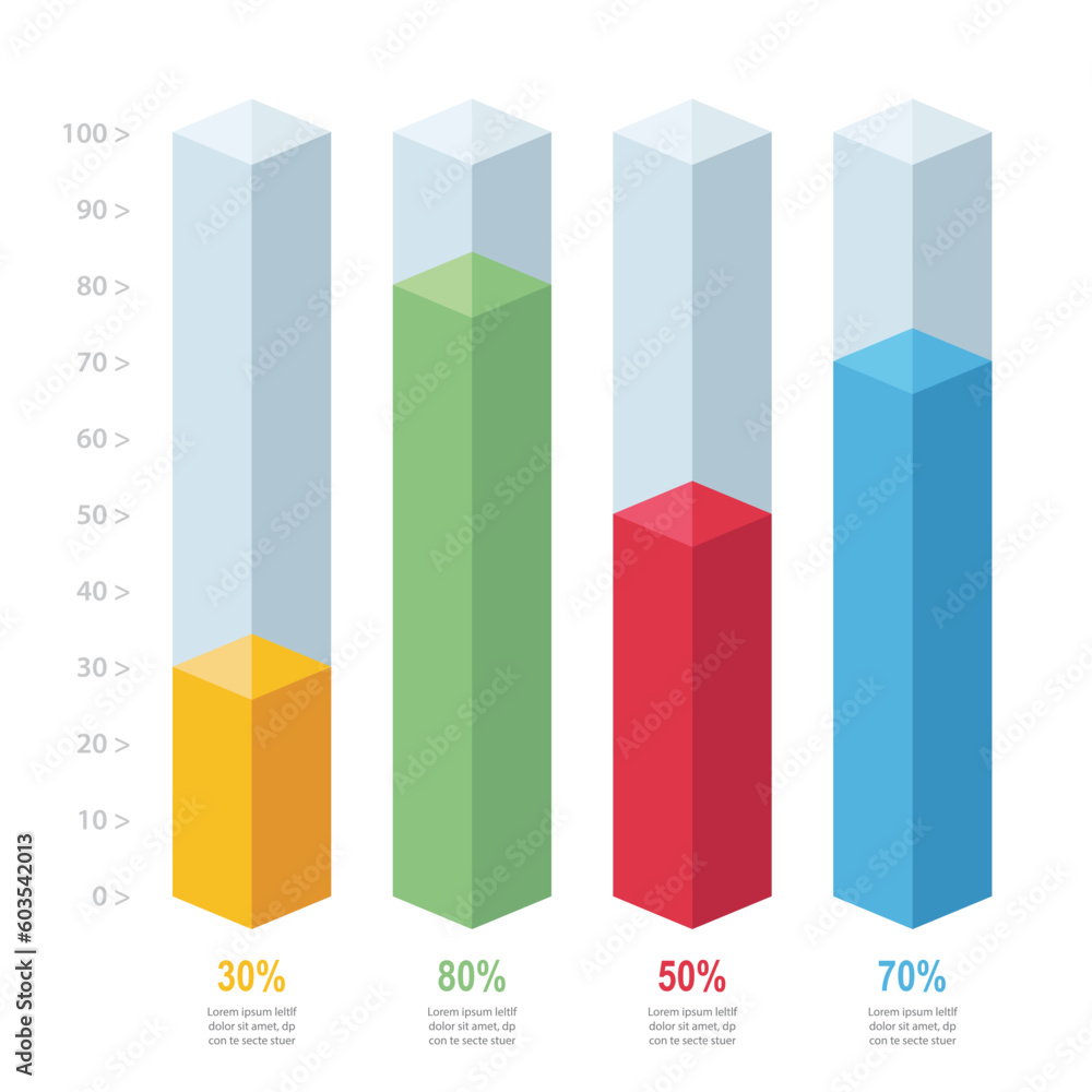 Vektorová grafika „Colourful slim chart bars template, 30% 50% 70% 80% ...