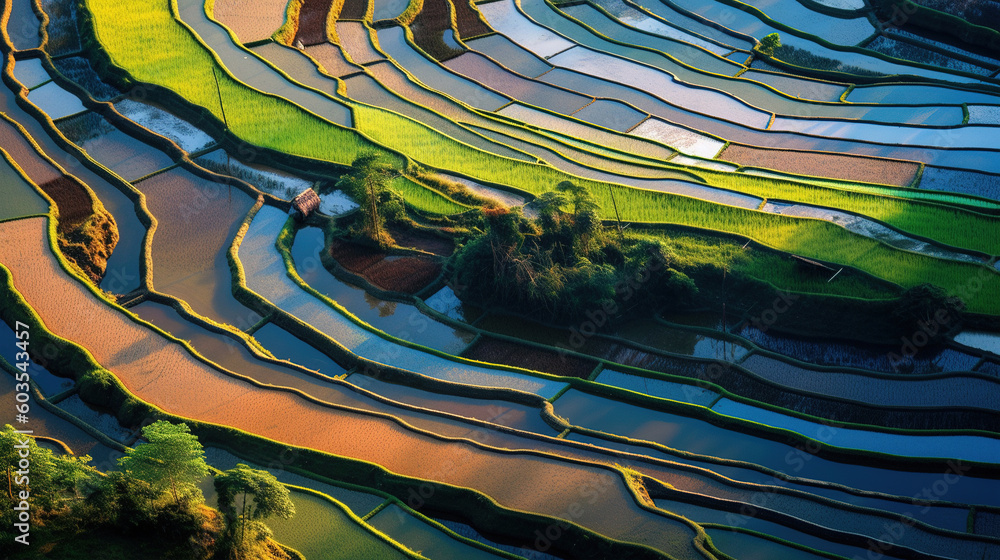 Aerial view of green rice paddy field farming cultivation in ...