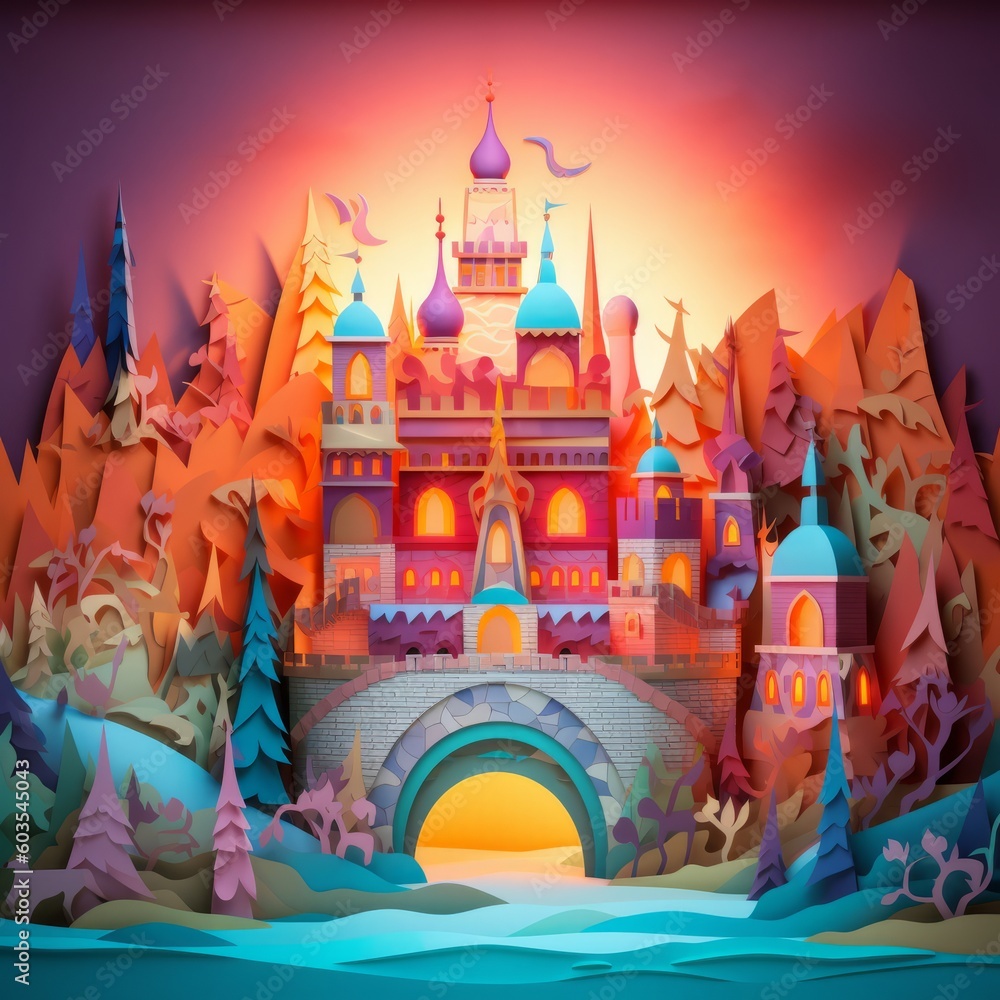 Digital illustration of a vibrant colorful fantasy castle, medieval ...