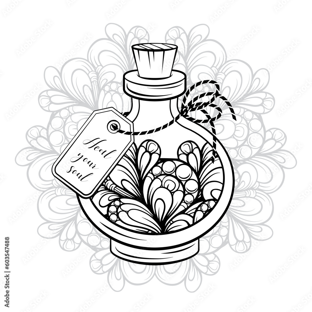 Bottle with magic calming potion. Black and white vector graphic ...