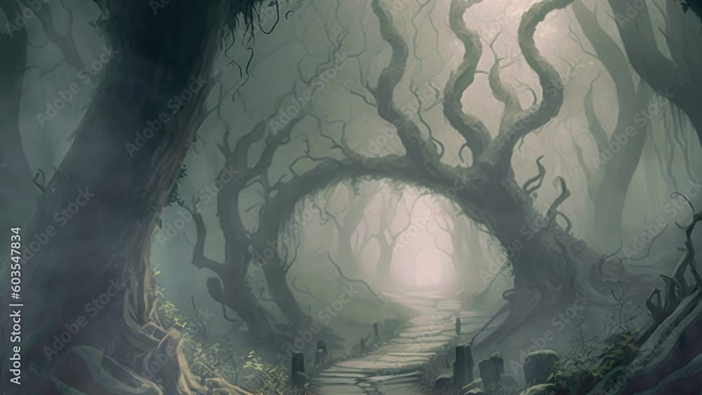 Misty and mysterious forest with ancient trees shrouded in fog and a winding path leading deeper ...