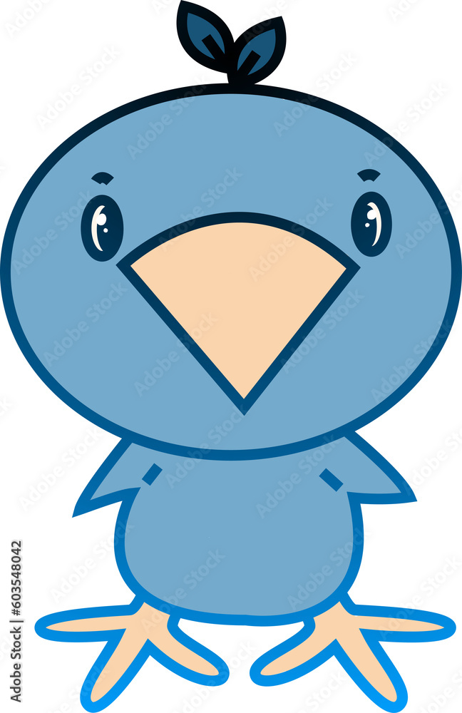 Dibujo a color de pollito azul con hojas de árbol en la cabeza mirando ...