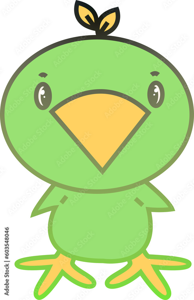 Dibujo a color de pollito verde con hojas de árbol en la cabeza mirando ...